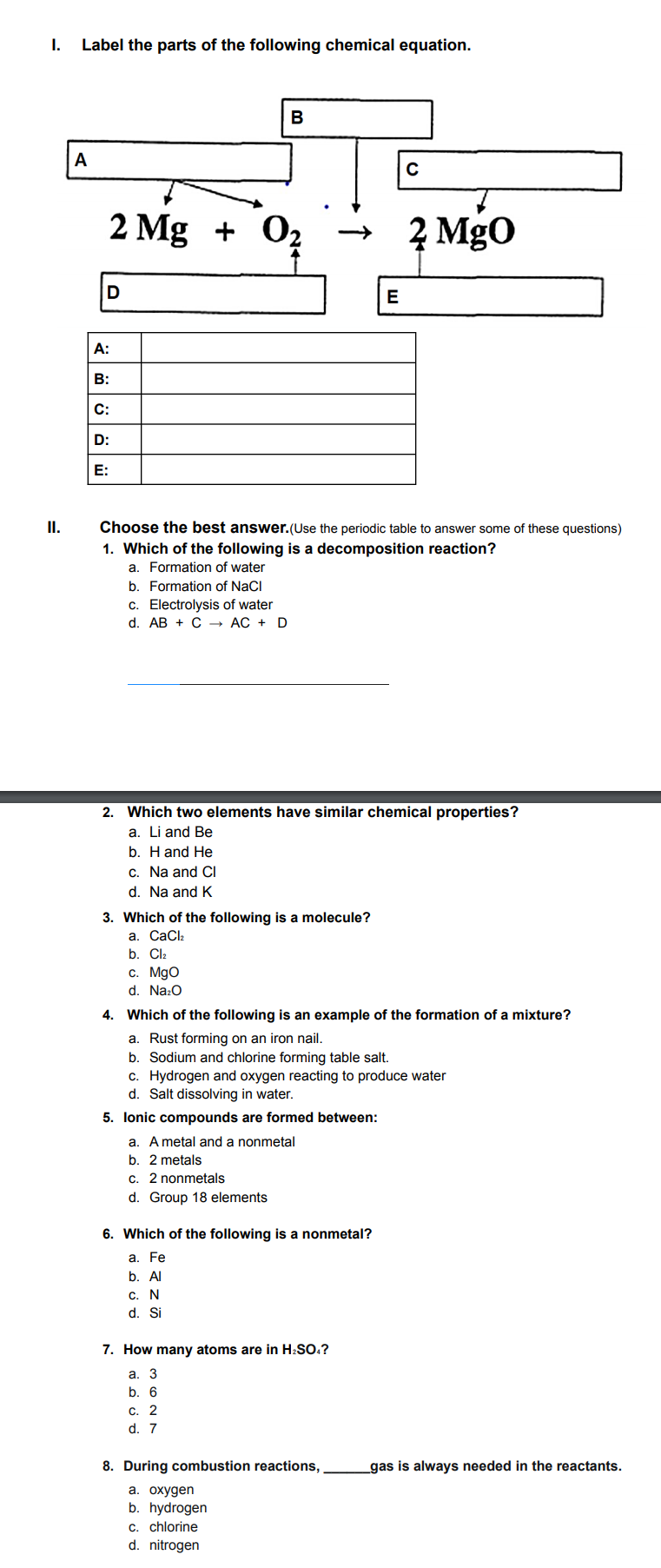 Solved I. Label the parts of the following chemical | Chegg.com