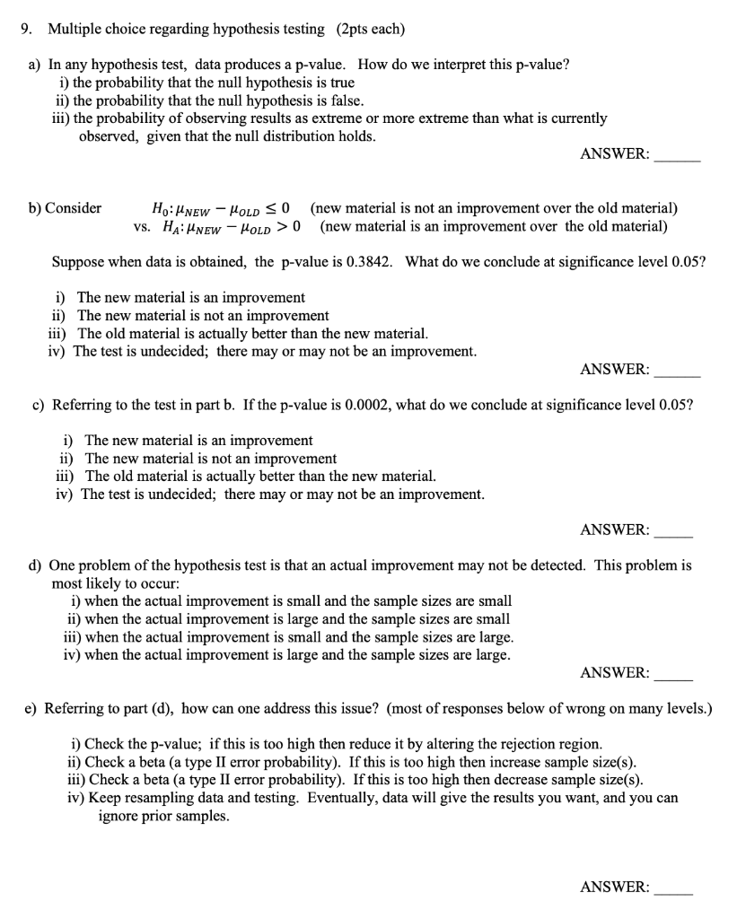Solved 9. Multiple choice regarding hypothesis testing (2pts | Chegg.com