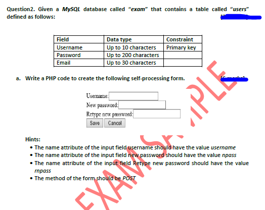 Solved Question2. Given a MySQL database called "exam" that | Chegg.com