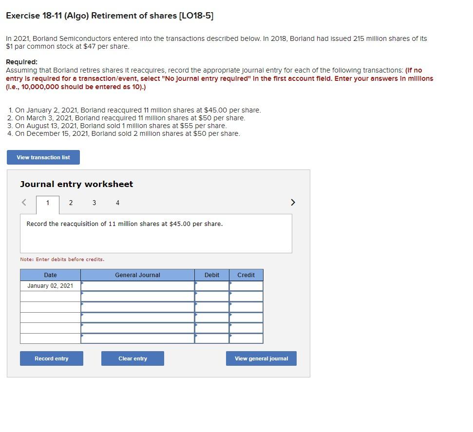 Solved Exercise 18-11 (Algo) Retirement of shares (LO18-5) | Chegg.com