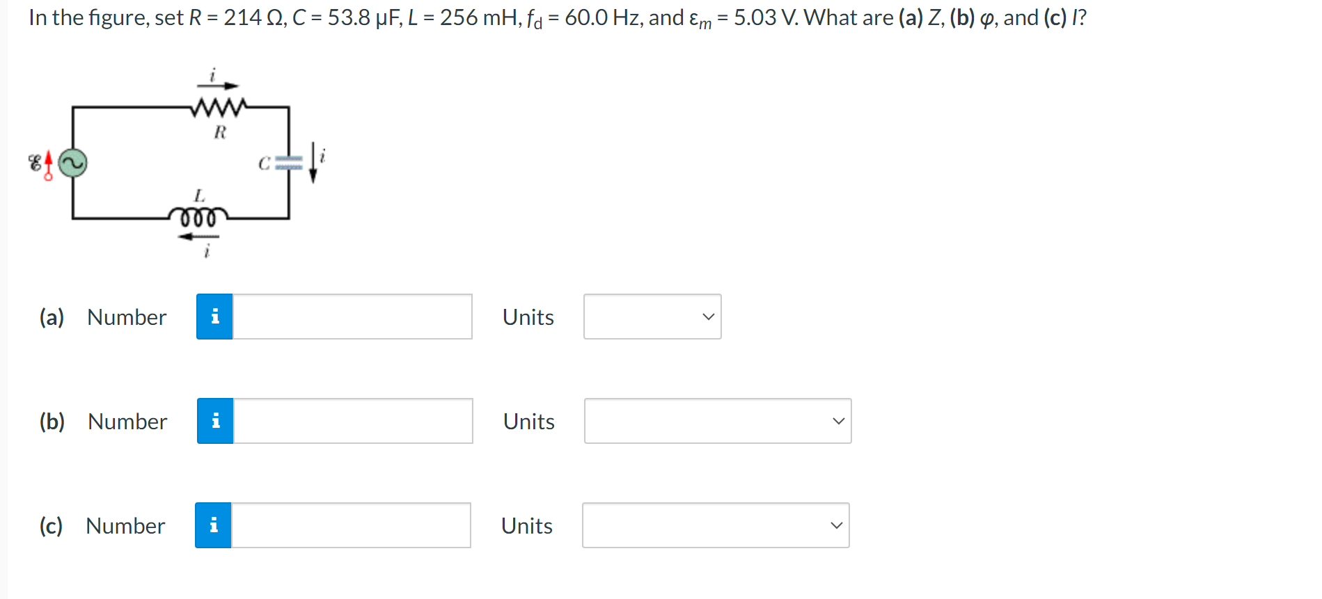 Solved In the figure, set R=214Ω,C=53.8μF,L=256mH,fd=60.0 | Chegg.com