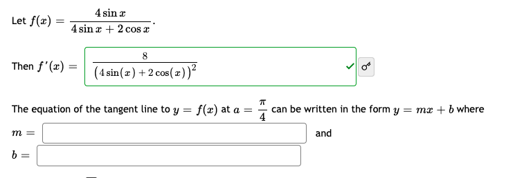 Solved Let f(x) = = 4 sin 4 sin x + 2 cos x 8 Then f'(x) = | Chegg.com
