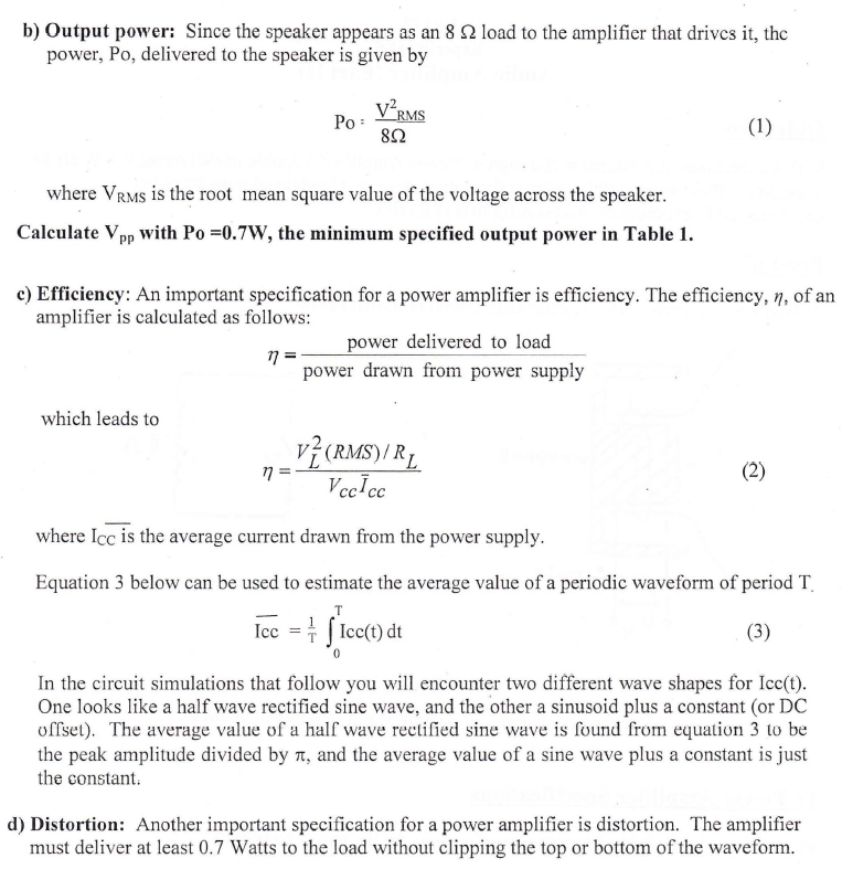 Solved 1) Power Amplifier Specifications a) Specifications: | Chegg.com