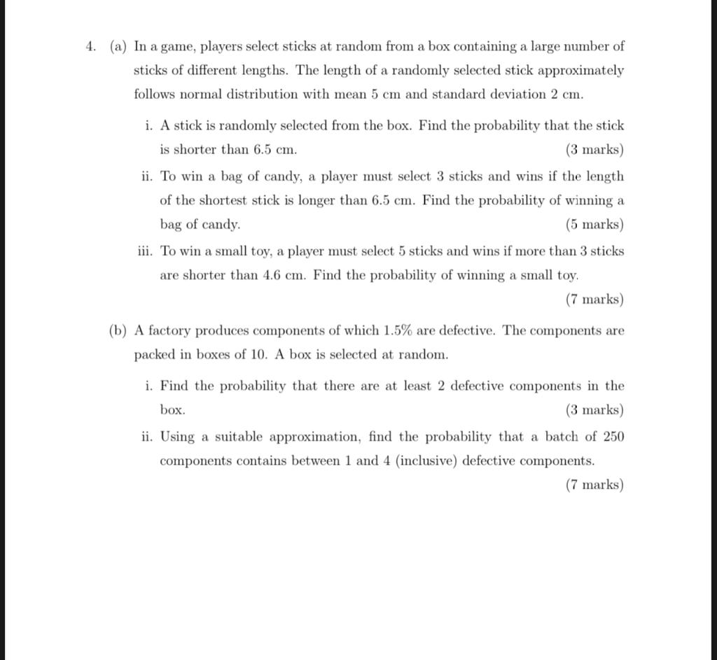 Solved 4. (a) In a game, players select sticks at random | Chegg.com