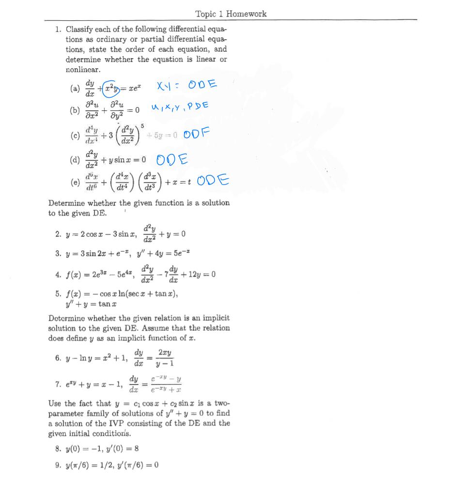 Solved 1. Classify each of the following differential | Chegg.com
