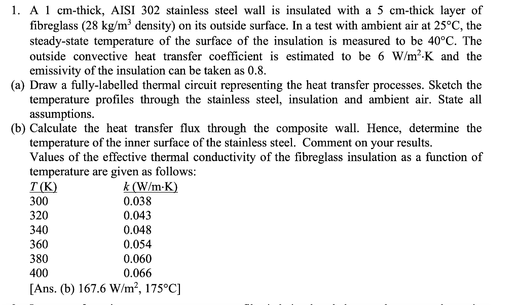 Solved the thermal conductivity k forAISI 302 stainless wall | Chegg.com