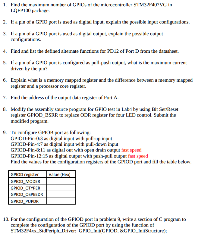 Solved 1. Find the maximum number of GPIOs of the | Chegg.com