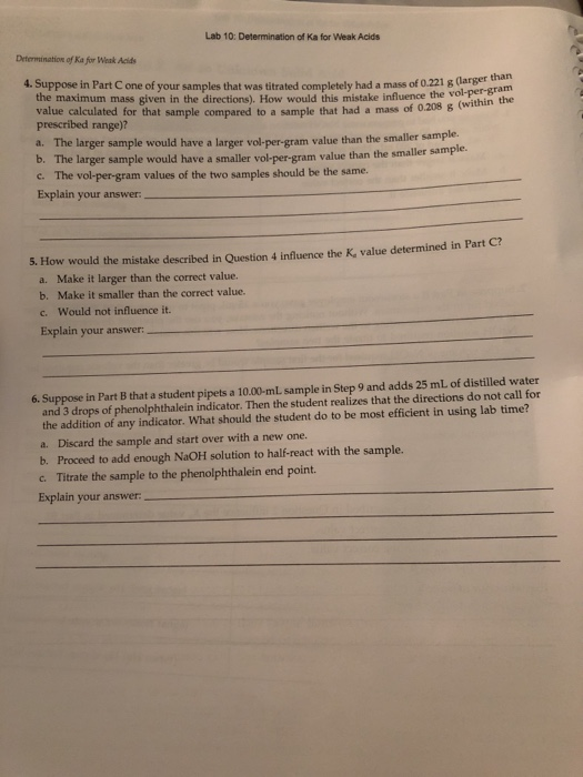 Lab 10: Determination of Ka for Weak Acids | Chegg.com