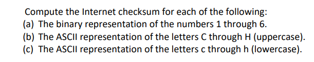 Solved Compute the Internet checksum for each of the | Chegg.com