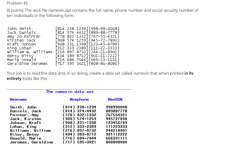 Problem #1 (8 points) The ascii file namesin.dat | Chegg.com