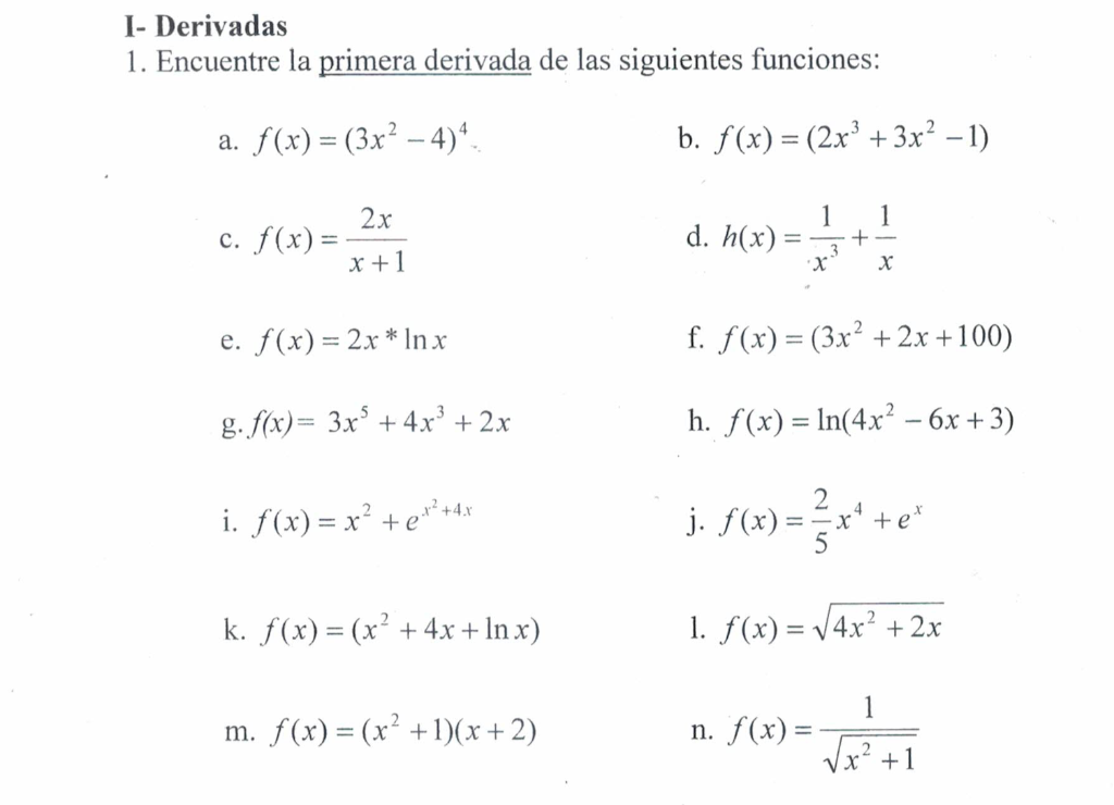 Solved 1- Derivadas 1. Encuentre la primera derivada de las | Chegg.com