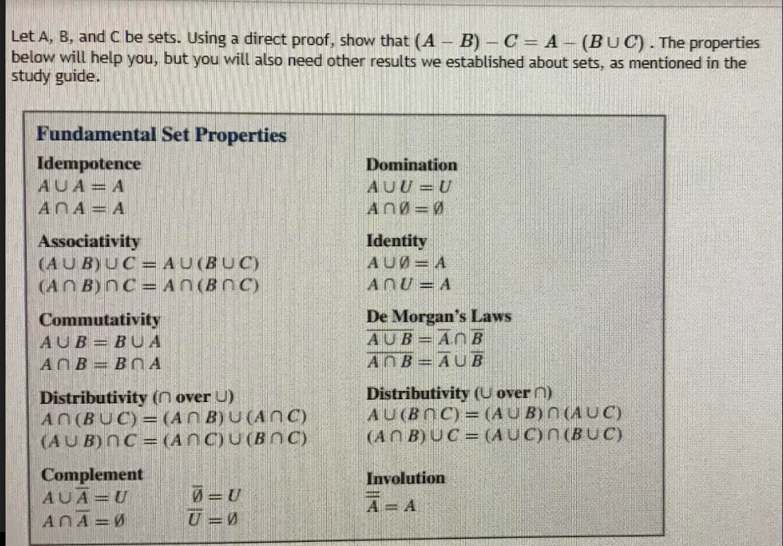 Solved Let A,B, and C be sets. Using a direct proof, show | Chegg.com
