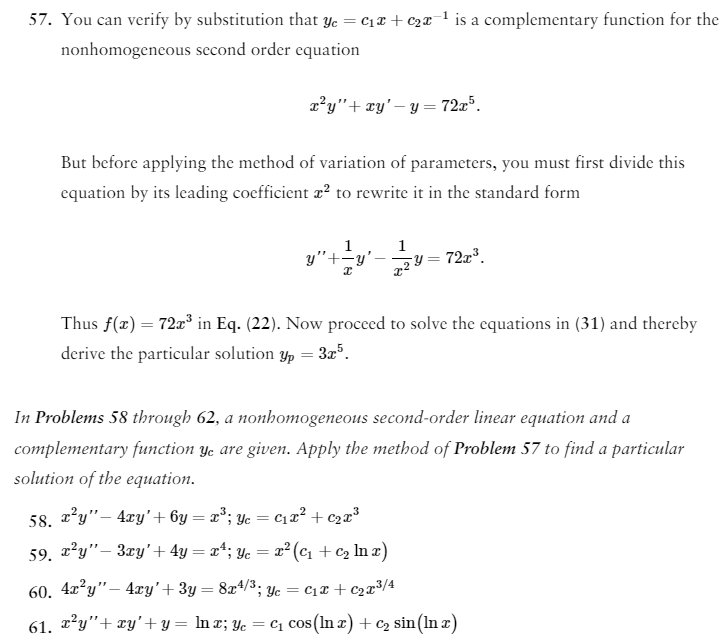 Solved 57. You can verify by substitution that yc=c1x+c2x−1 | Chegg.com