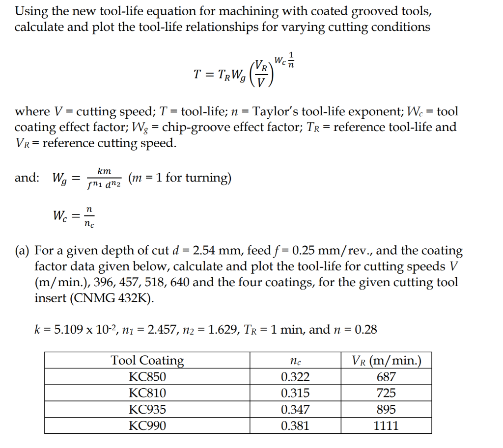 Solved Using the new tool-life equation for machining with | Chegg.com