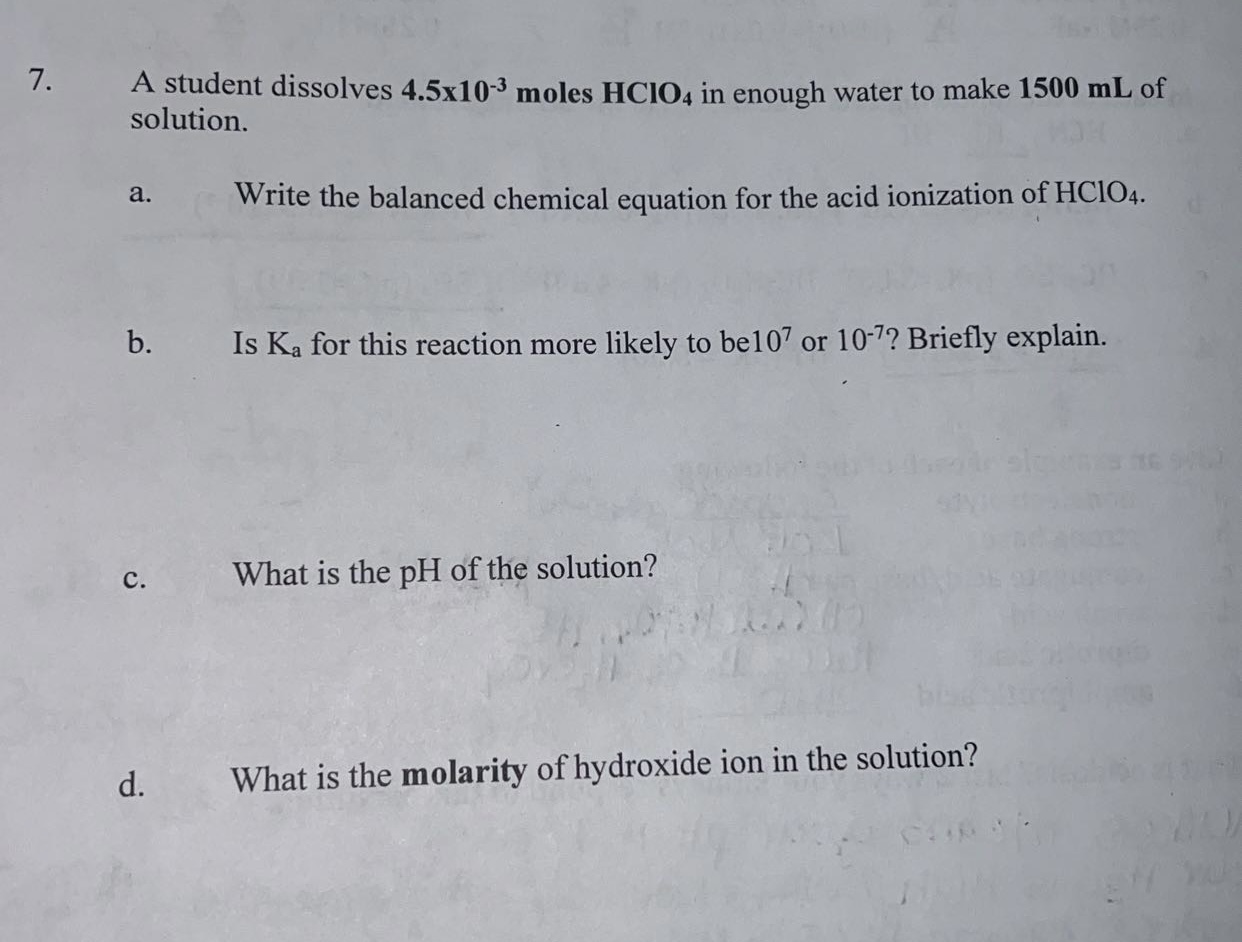 Solved A student dissolves 4.5×10-3 ﻿moles HClO4 ﻿in enough | Chegg.com