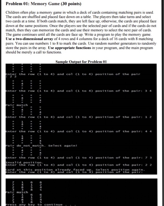 Problem 01: Memory Game (30 points) Children often | Chegg.com