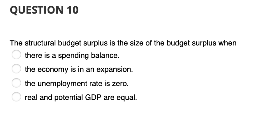 Solved QUESTION 10 The structural budget surplus is the size | Chegg.com