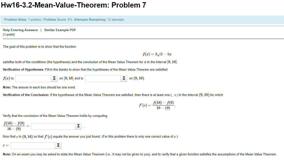 Solved Hw16-3.2-Mean-Value-Theorem: Problem 7 Problem Value: | Chegg.com