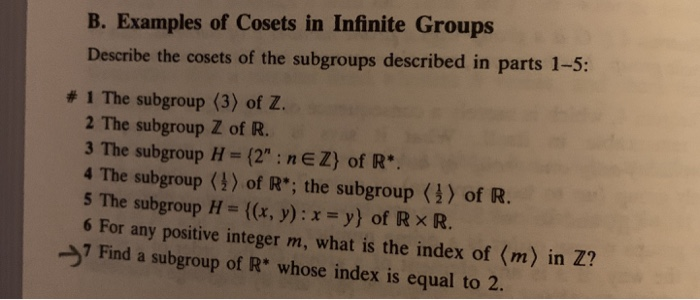 Solved B. Examples of Cosets in Infinite Groups Describe the | Chegg.com