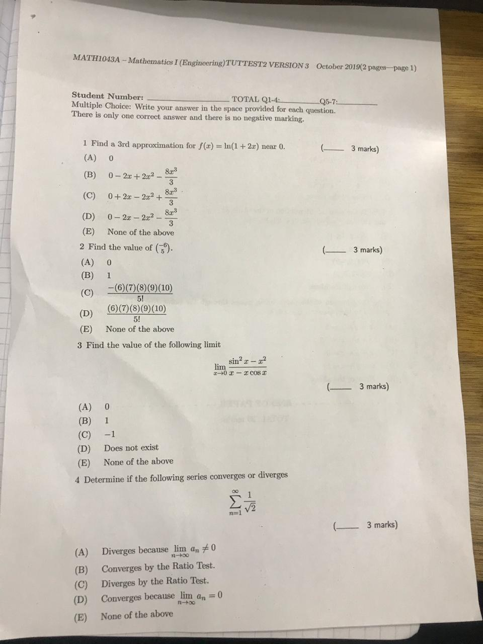 Solved MATH1043A - Mathematics I (Engineering)TUTTEST2 | Chegg.com