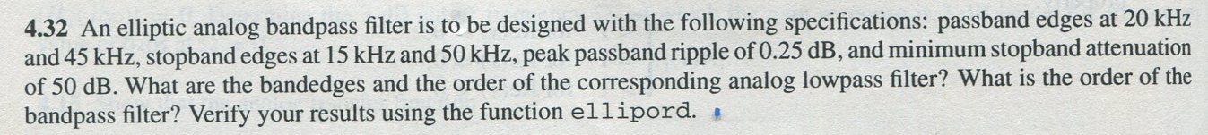 Solved 4.32 ﻿An elliptic analog bandpass filter is to be | Chegg.com