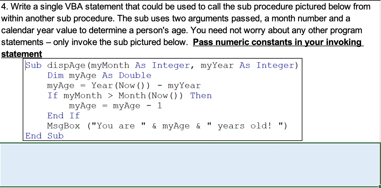 Solved 4. Write a single VBA statement that could be used to | Chegg.com