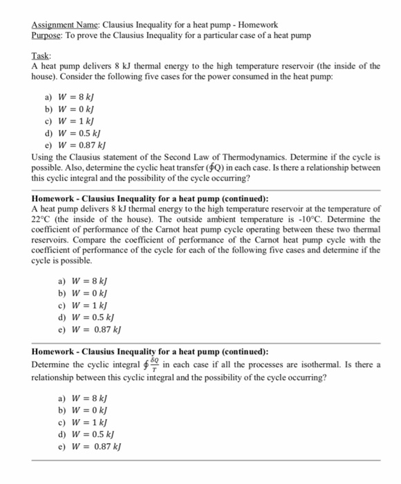Solved Assignment Name: Clausius Inequality for a heat pump | Chegg.com