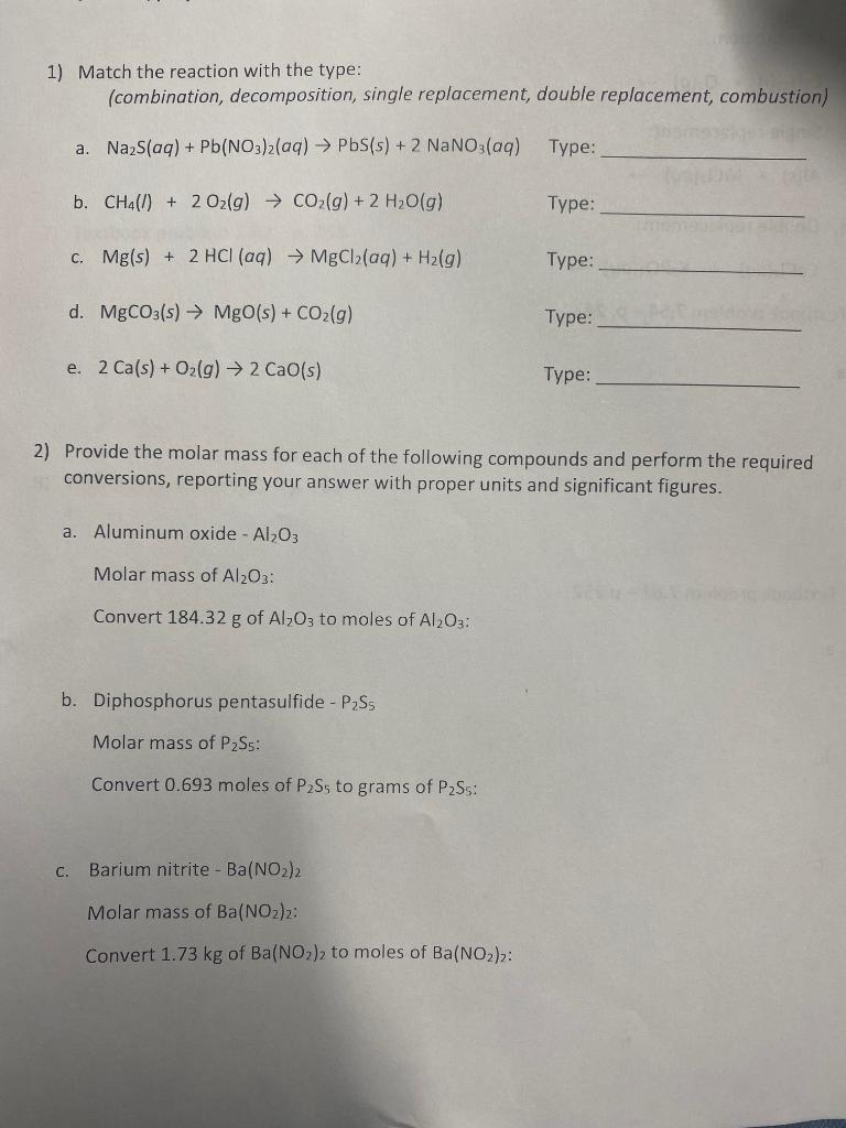 Solved 1) Match the reaction with the type: (combination, | Chegg.com