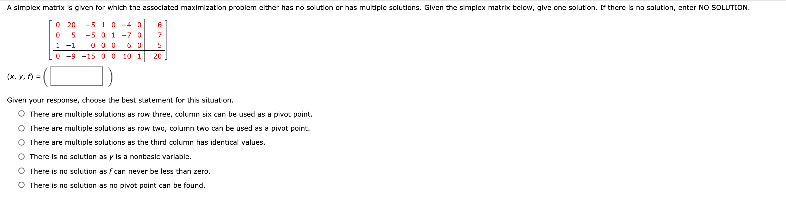 Solved A Simplex Matrix Is Given For Which The Associated 7895