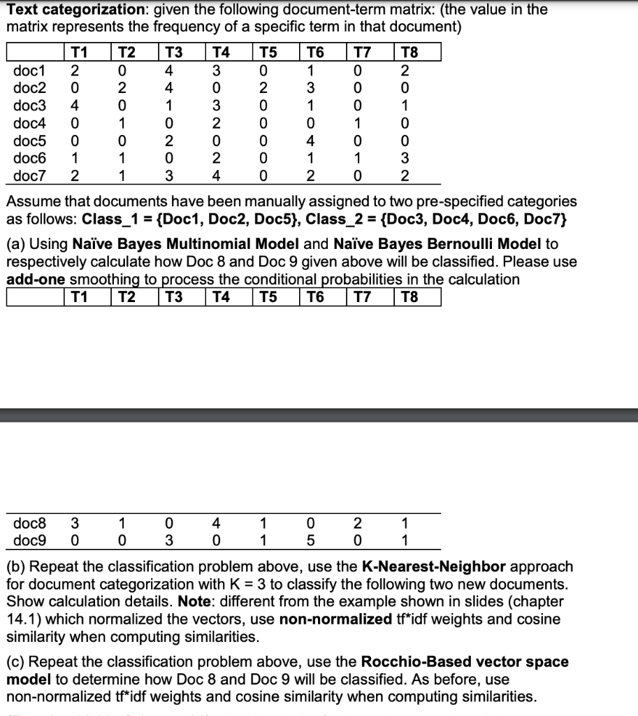 Solved 4 0 NO WOW Text categorization: given the following | Chegg.com