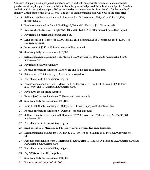 Solved 11 Sunshine Company uses a perpetual inventory system | Chegg.com