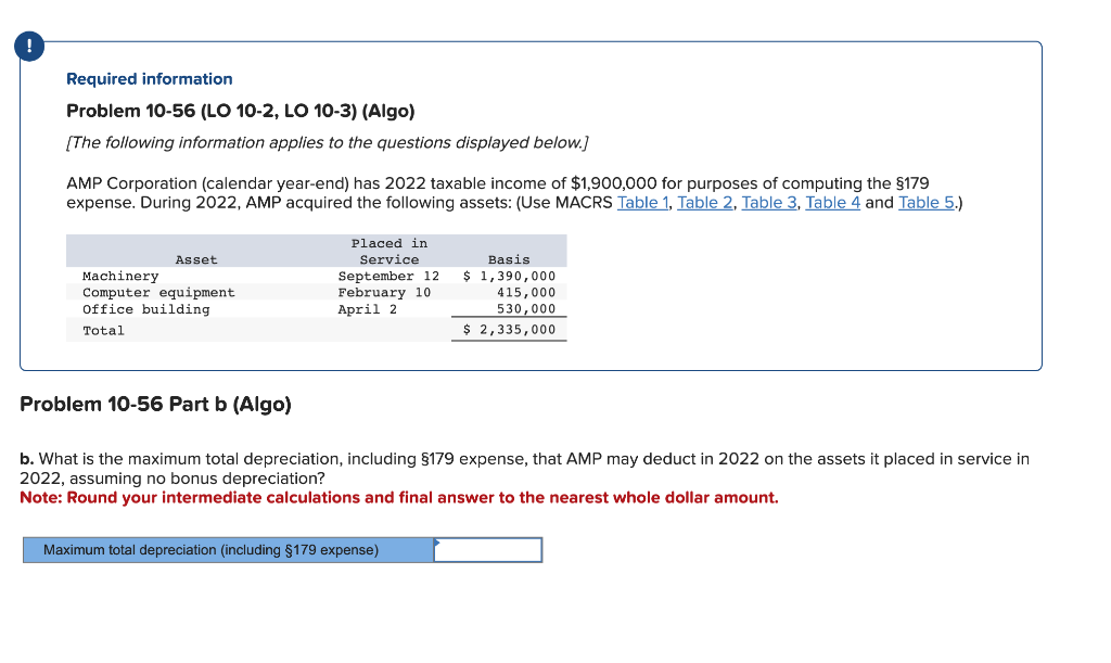 Solved Required information Problem 10-56 (LO 10-2, LO 10-3) | Chegg.com
