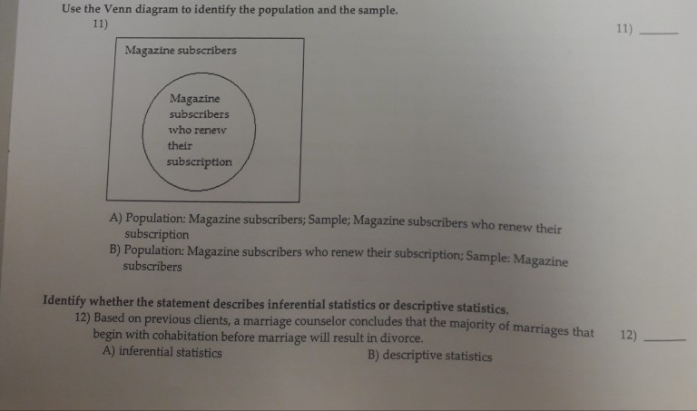 Solved Use the Venn diagram to identify the population and | Chegg.com