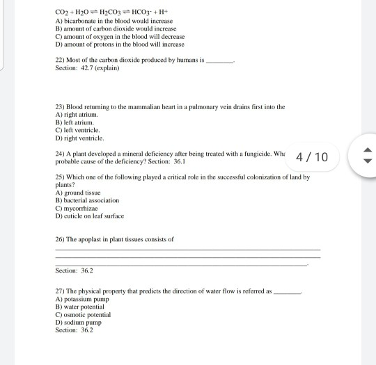 Solved CO2 + H20 H2CO3 HCO3- + H+ A) bicarbonate in the | Chegg.com