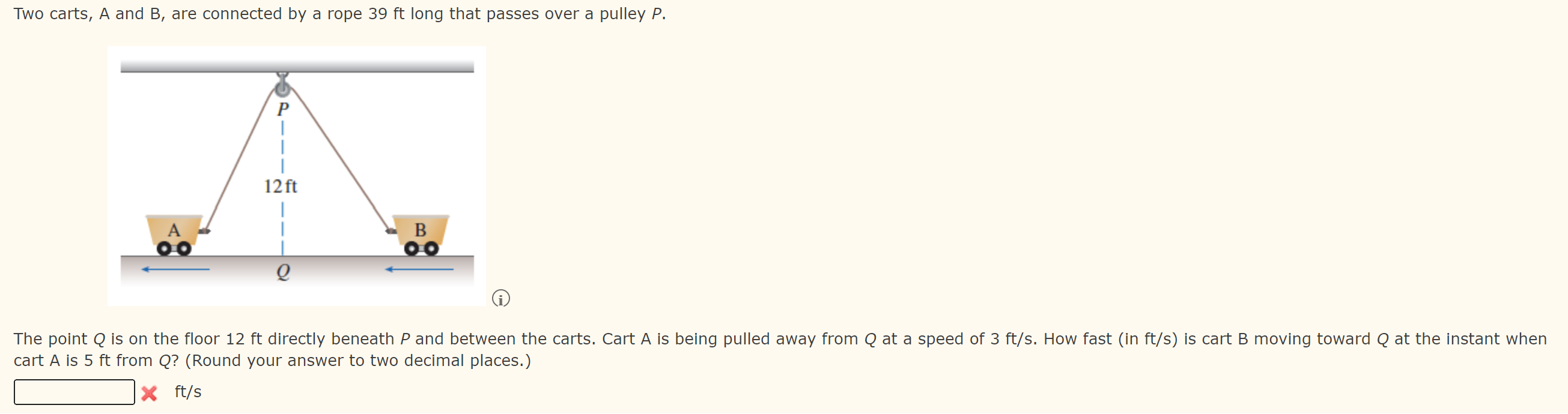 Solved Two carts, A and B, are connected by a rope 39ft long | Chegg.com