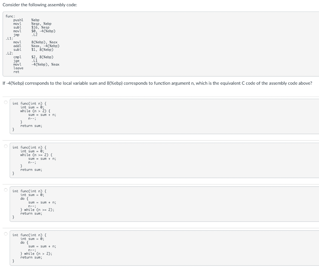Solved Consider the following assembly code: %ebp %esp, %ebp | Chegg.com