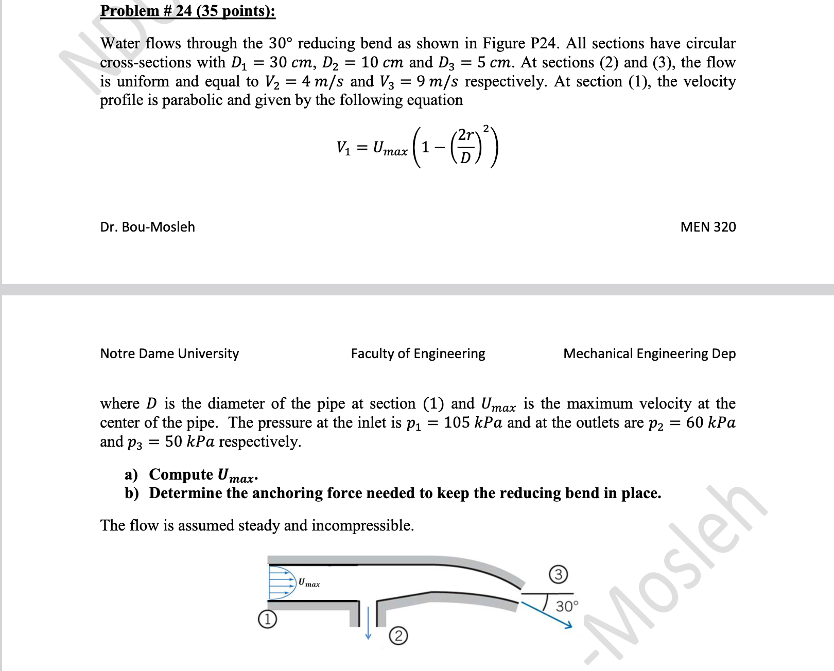 Solved Water flows through the 30∘ reducing bend as shown in | Chegg.com