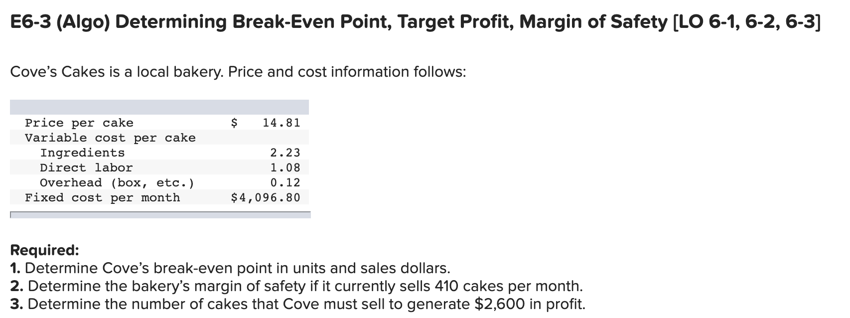 Solved E6-3 (Algo) Determining Break-Even Point, Target | Chegg.com