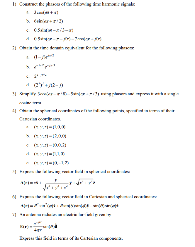 Solved 1) Construct the phasors of the following time | Chegg.com