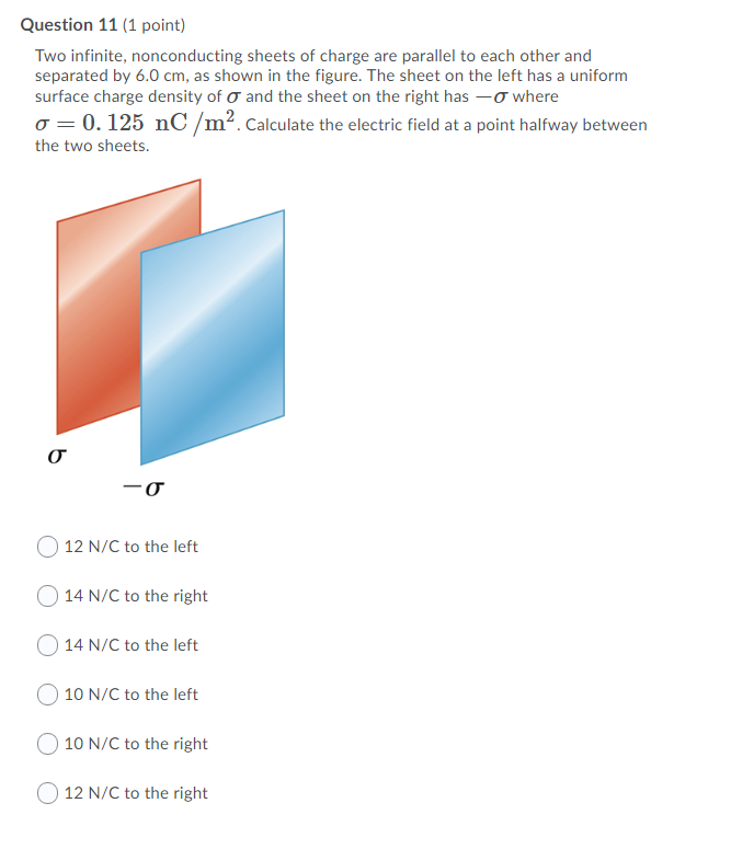 Solved Question 11 (1 point) Two infinite, nonconducting | Chegg.com