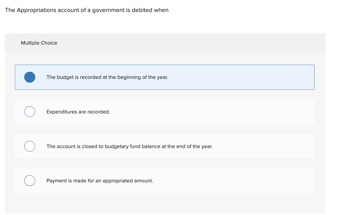 Solved The Appropriations account of a government is debited | Chegg.com