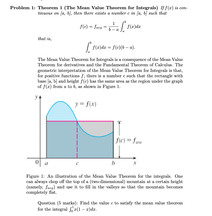 Solved m 1: Theorem 1 (The Mean Value Theorem for Integrals) | Chegg.com