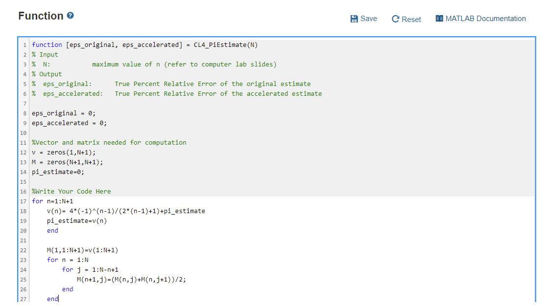 Solved Function Save C Reset LOMATLAB Documentation 1 | Chegg.com