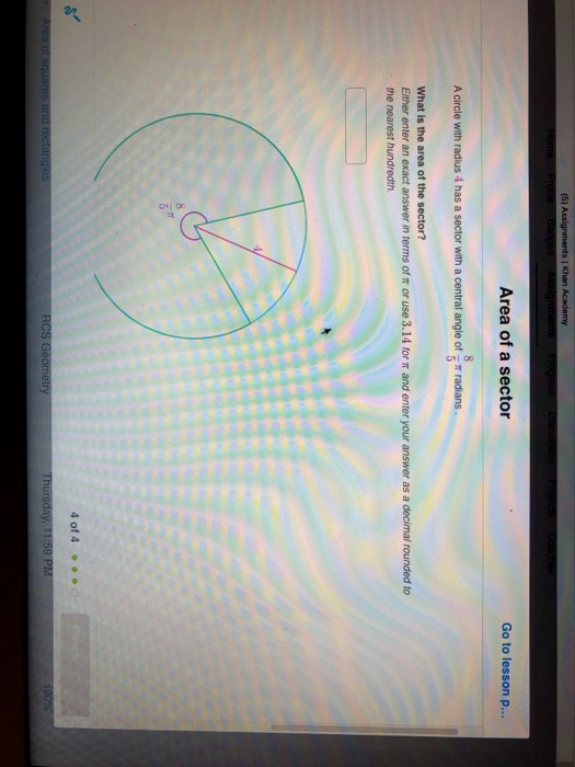 Solved Khan Area of a sector Go to lesson p... A circle with | Chegg.com