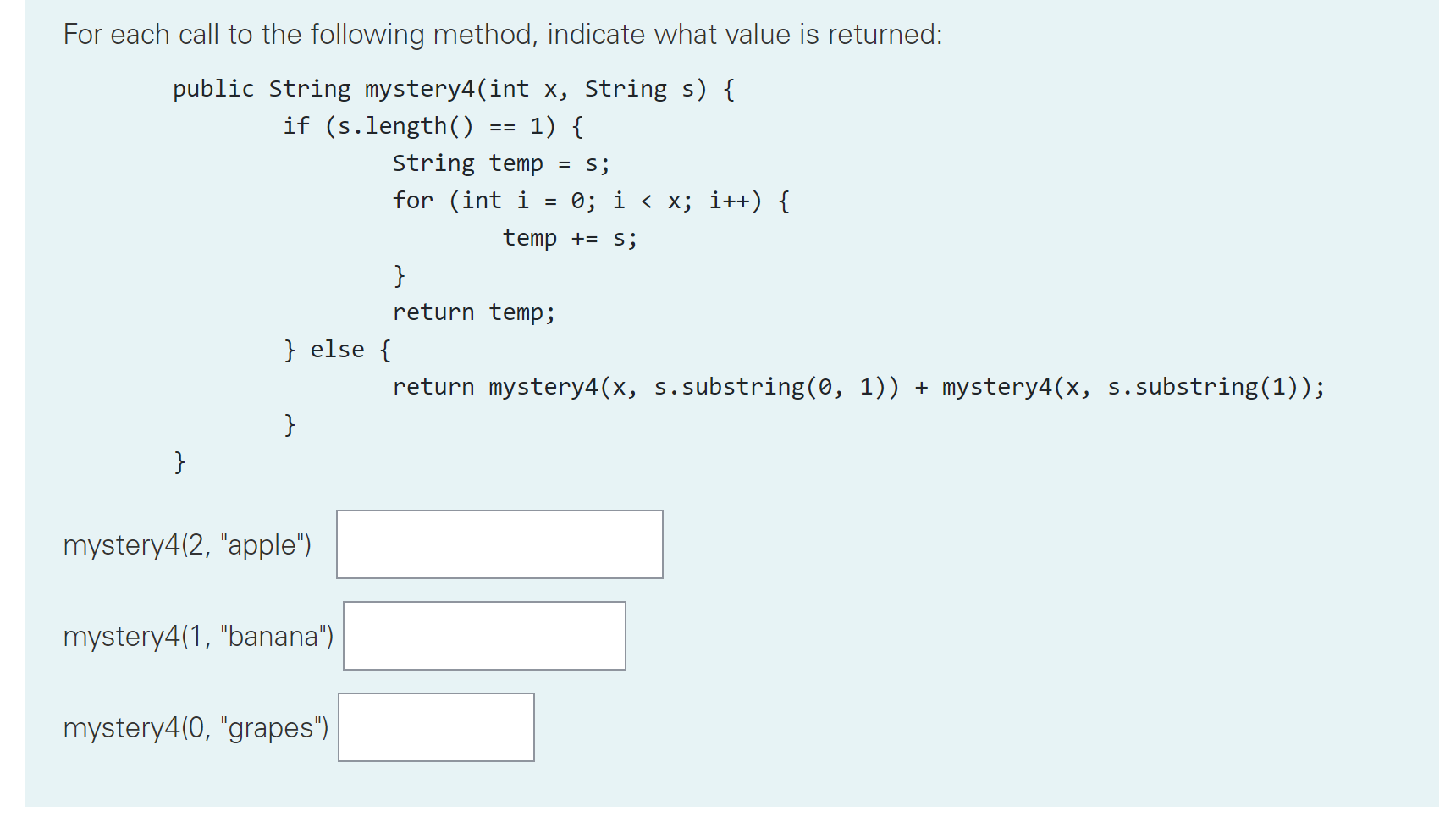 Solved == = = For each call to the following method, | Chegg.com