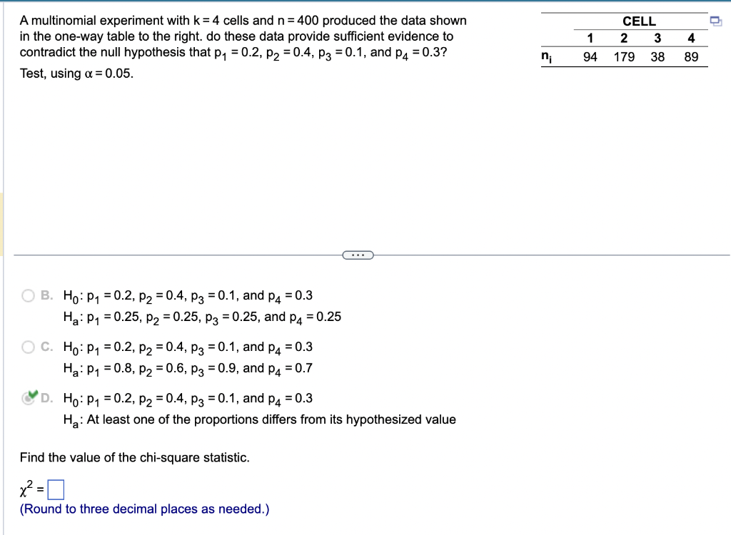 Solved A multinomial experiment with k=4 cells and n=400 | Chegg.com