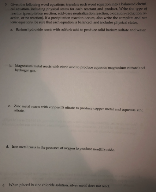 Solved 5 Given The Following Word Equations Translate Each