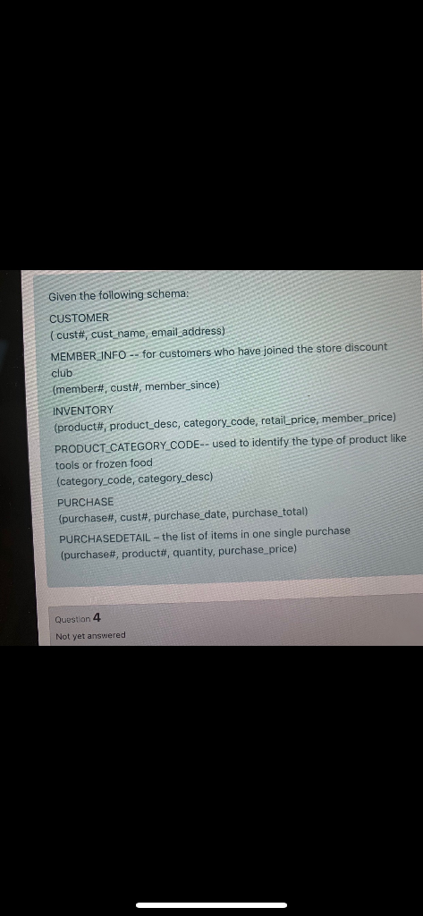 Solved Given the following schema: CUSTOMER (cust#, | Chegg.com