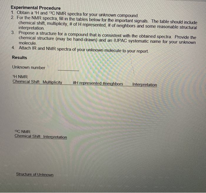 Solved Experimental Procedure 1. Obtain a 1H and 13C NMR | Chegg.com
