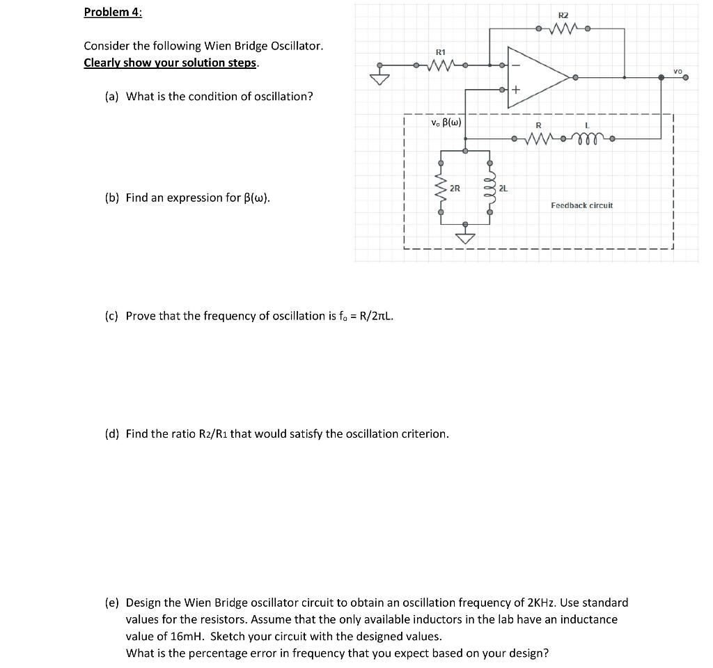 Solved Problem 4: R2 oW Consider the following Wien Bridge | Chegg.com